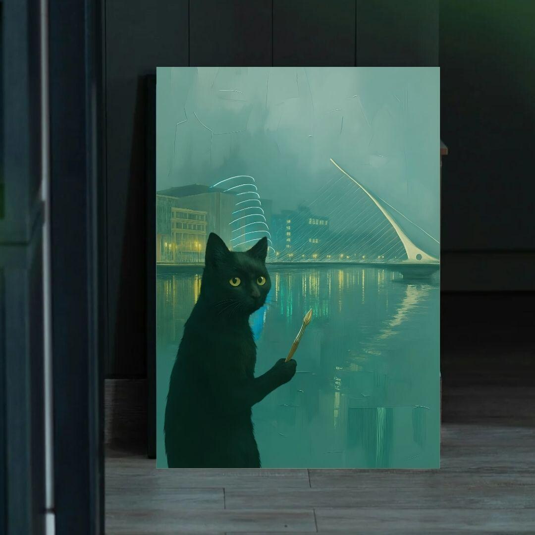 Black Cat Dublin Docklands Art Print – Painterly Cityscape (digital ...