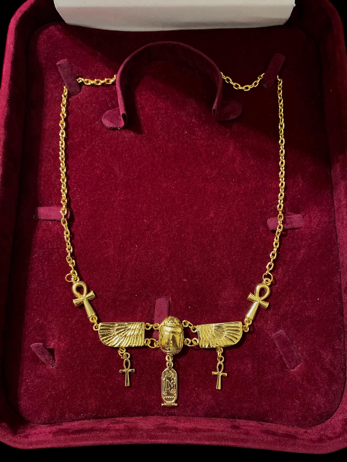 Egyptian Winged Scarab Beetle Necklace With Cartouche and Ankh Key With ...