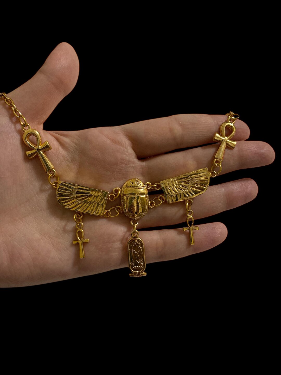 Egyptian Winged Scarab Beetle Necklace With Cartouche and Ankh Key With ...