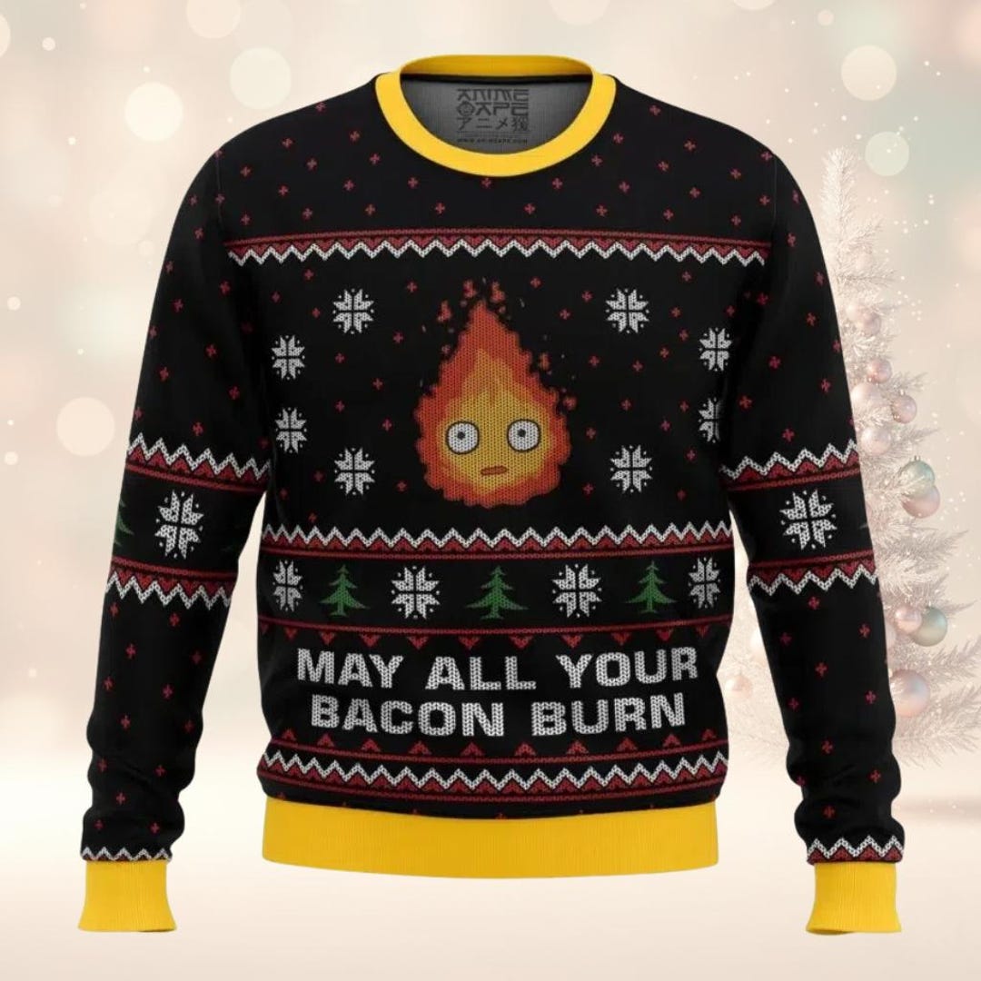 Calcifer Fire Spirit Ugly Christmas Sweater, May All Your Bacon Burn ...