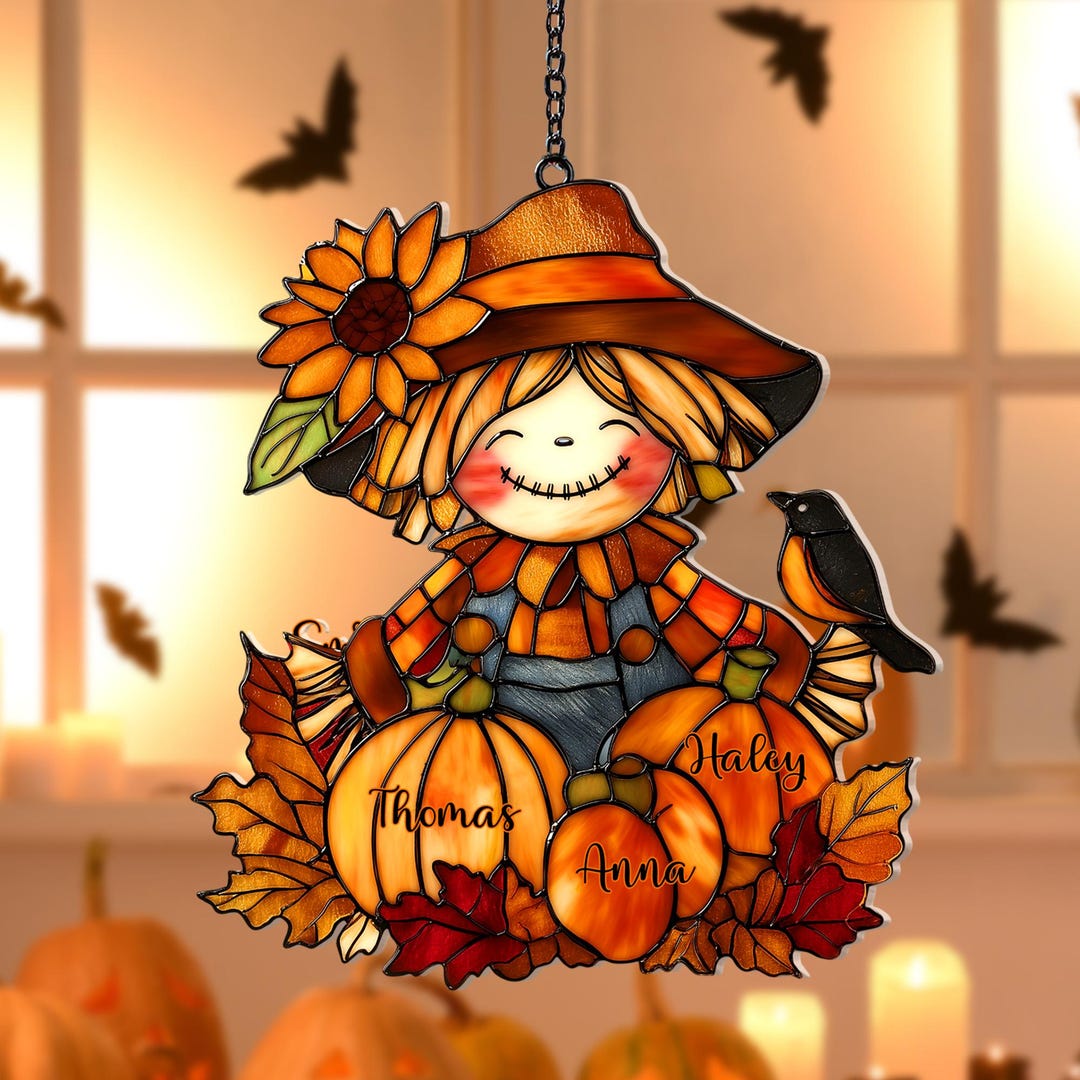 Personalized Scarecrow Stained Glass Suncatcher: Halloween Family Decor ...