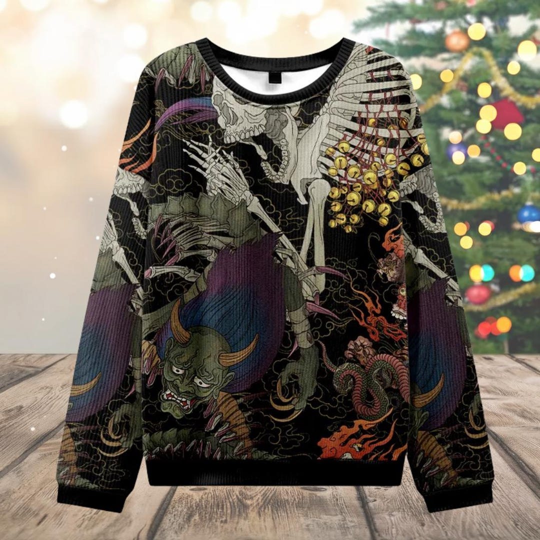 Japanese Yakuza Demon Ugly Christmas Sweater, Hannya Mask Skeleton ...