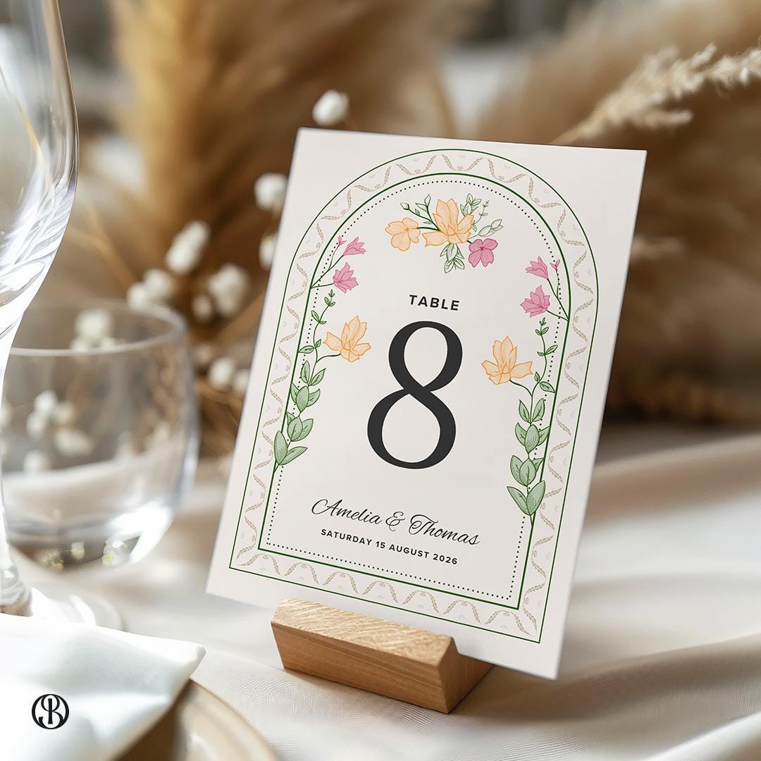 Floral Archway Table Setting Name Card & Table Number Card for Wedding ...