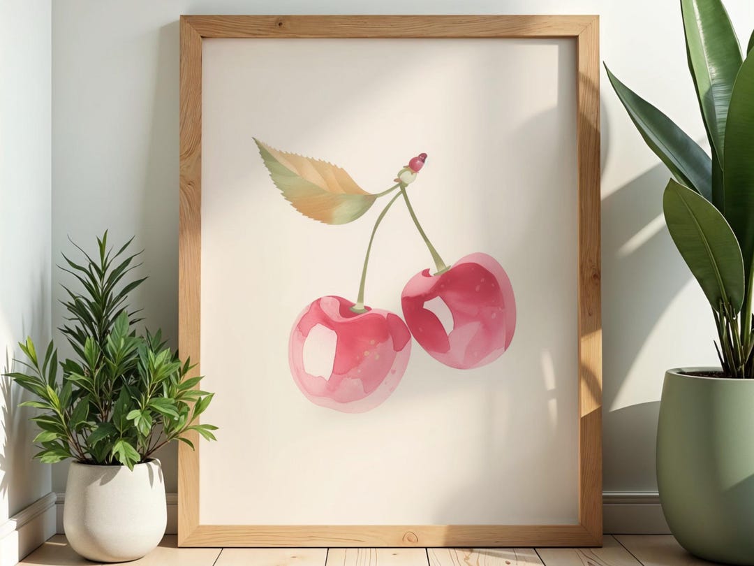 Cherry Printable Wall Art | Soft Pink Fruit Illustration | Minimal ...