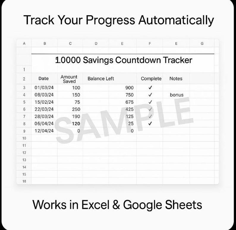 1,000GBP Savings Challenge | Editable Excel Budget Countdown Tracker - Etsy