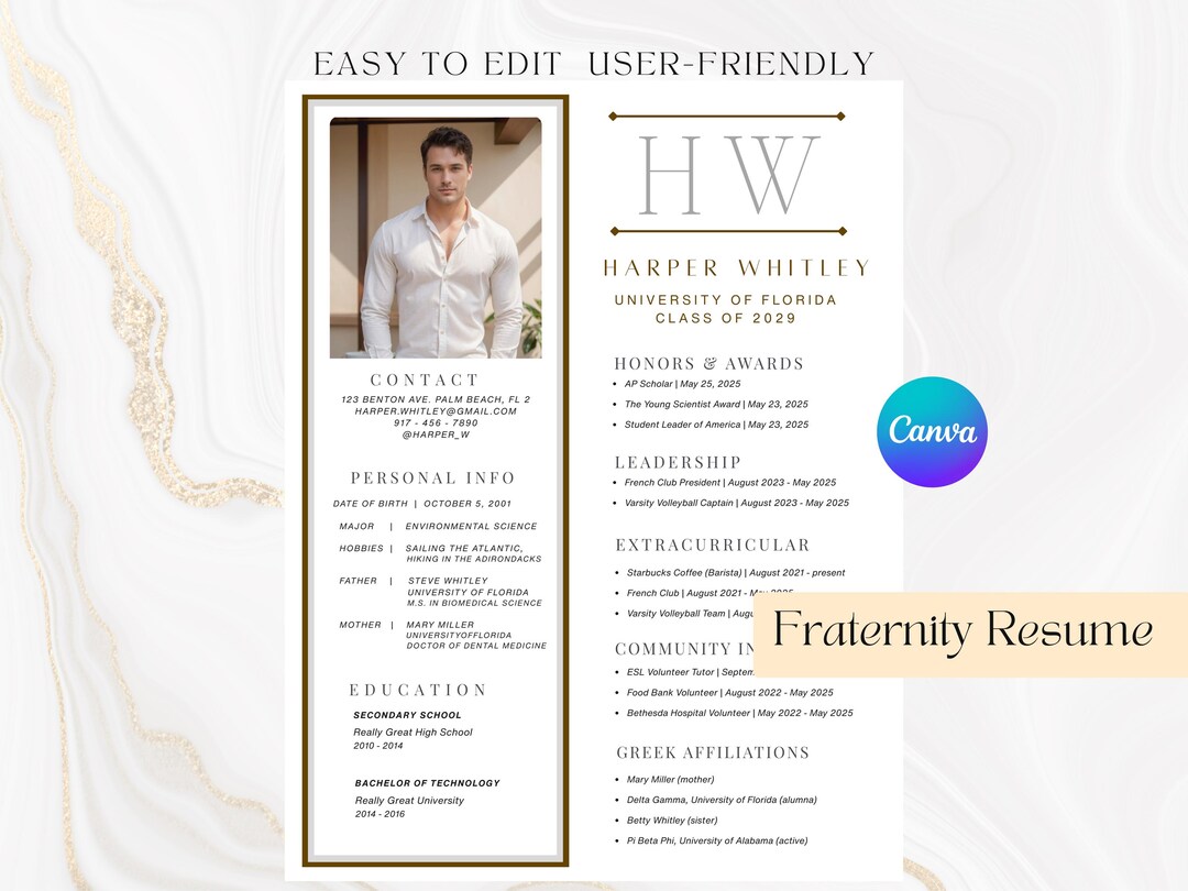 Editable Fraternity Resume Template With Photo, Social Resume and Cover ...