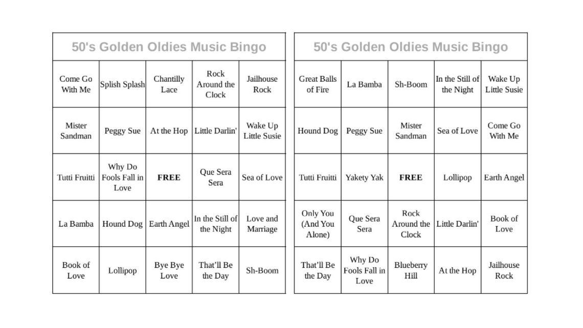 50's Golden Oldies Music Bingo Printable | Digital Download | Senior ...