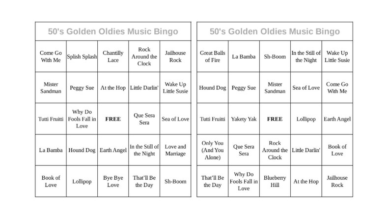 50's Golden Oldies Music Bingo Printable | Digital Download | Senior ...
