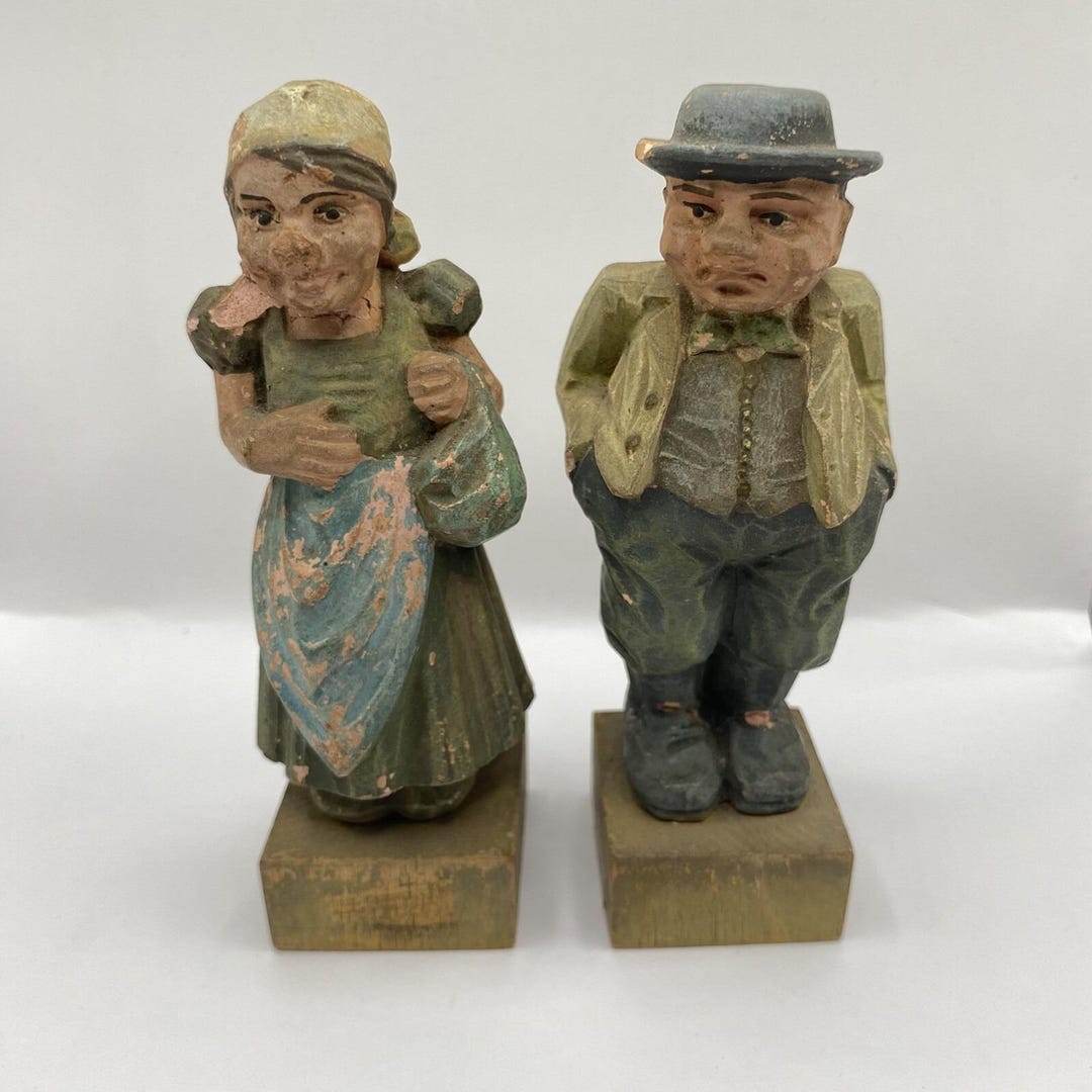 Vtg Carved Wood Figures Man Woman Peasants Italian Style Folk Art ...