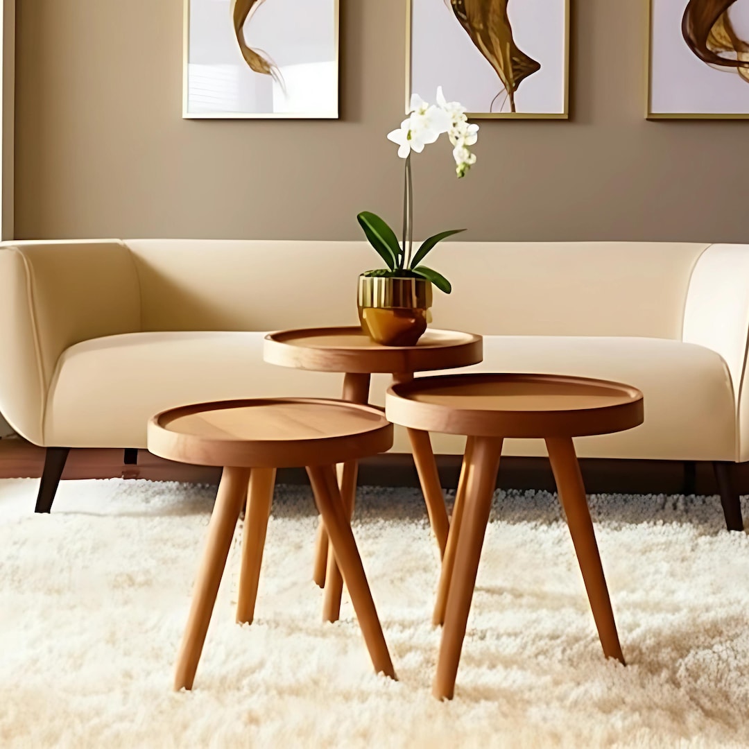 Natural Walnut Nesting Table Set – 3 Piece Round Side Table Set With ...