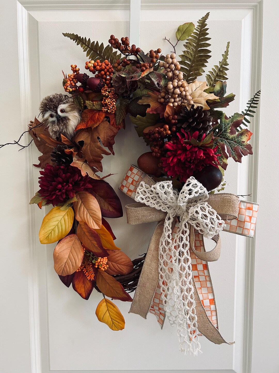 Fall Owl Wreath With Autumn Leaves, Pinecones & Rustic Bow – Woodland ...