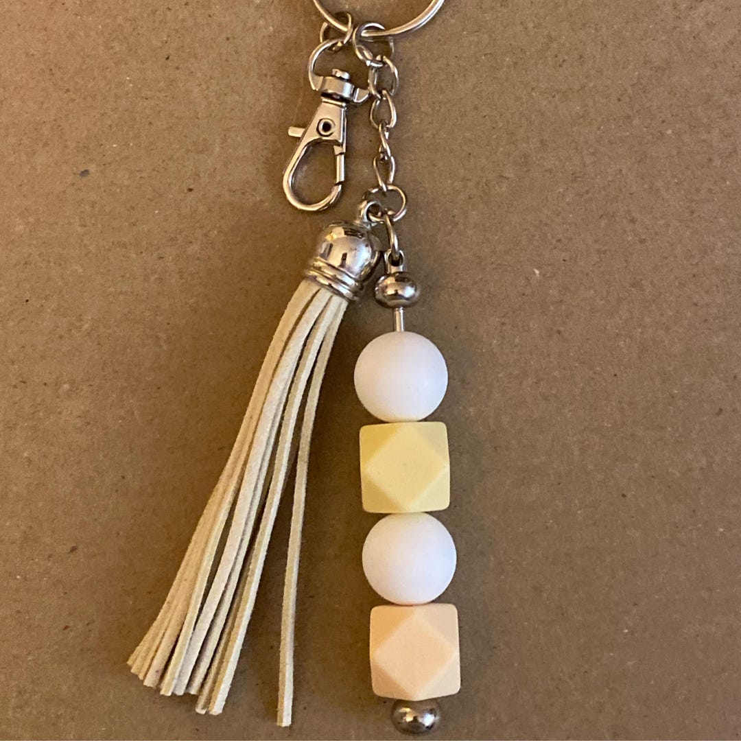 Tasseled Keychain Beige Tassel Beige and White Beads - Etsy