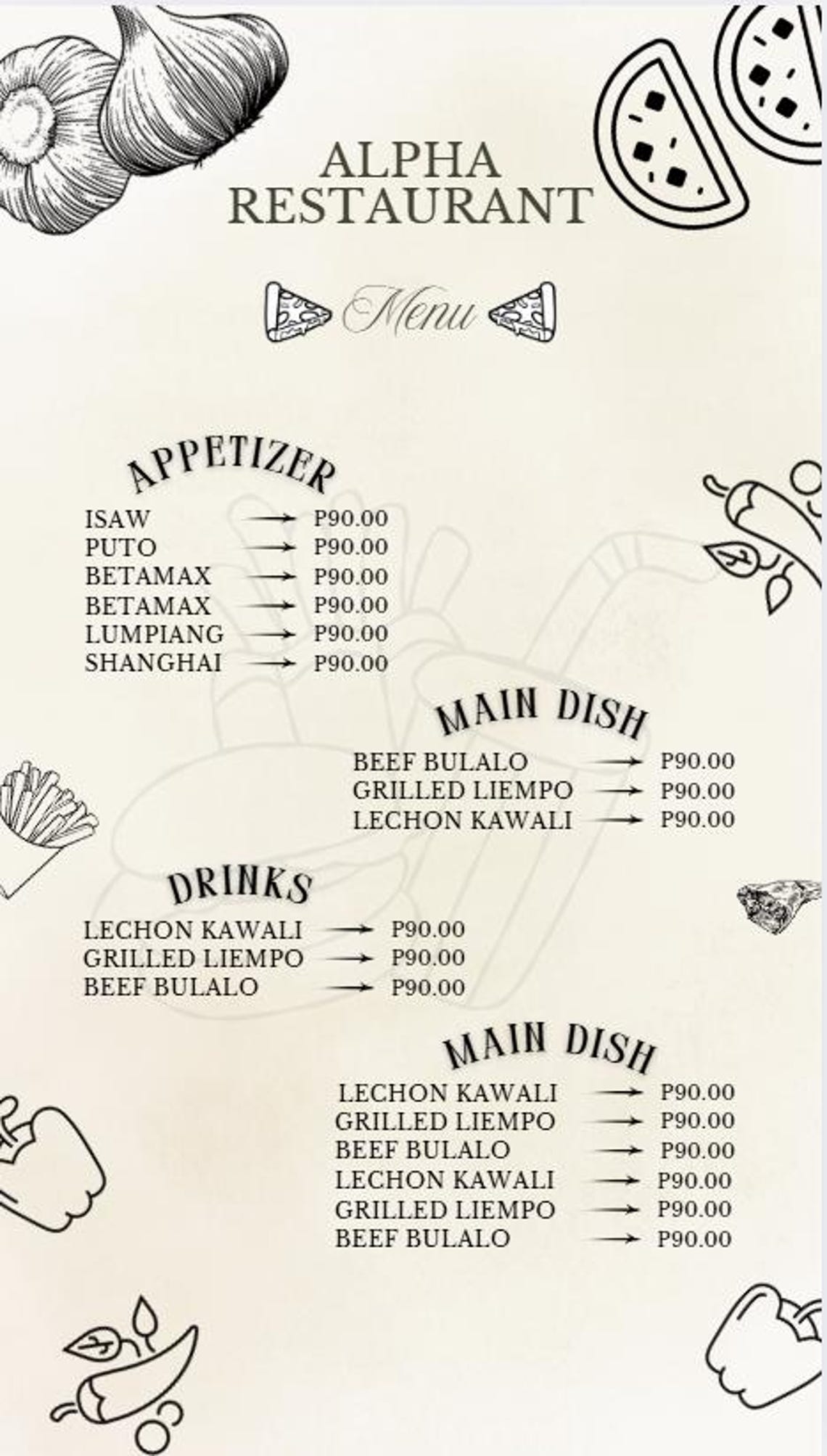 Food Menu Template | Editable Canva Restaurant Menu | Sketch Style Main ...