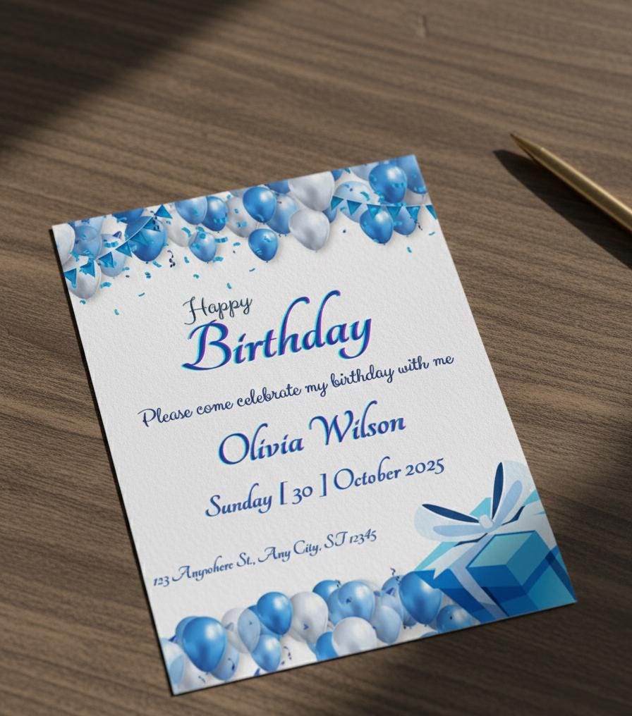 Modern Birthday Invitation for Kids or Adults, Silver and Blue Party ...