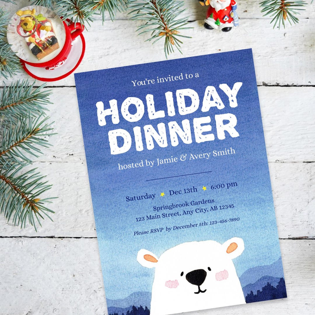 Editable Polar Bear Festive Party Invitation, Christmas Holiday Dinner ...