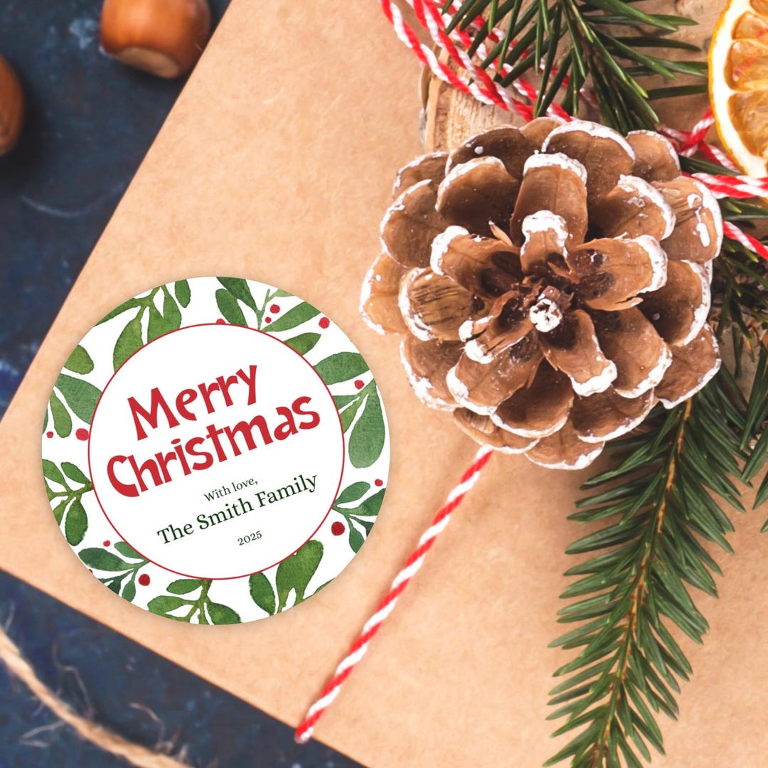 Festive Mistletoe Digital Editable Round & Square Gift Tag ...