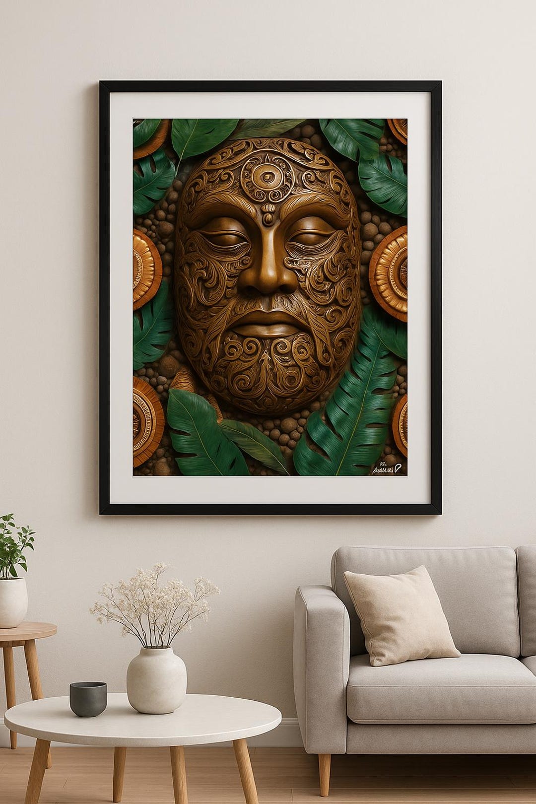 Māori - Koru Waka Guardian Wall Art – Intricate Carved Mask With Ferns ...