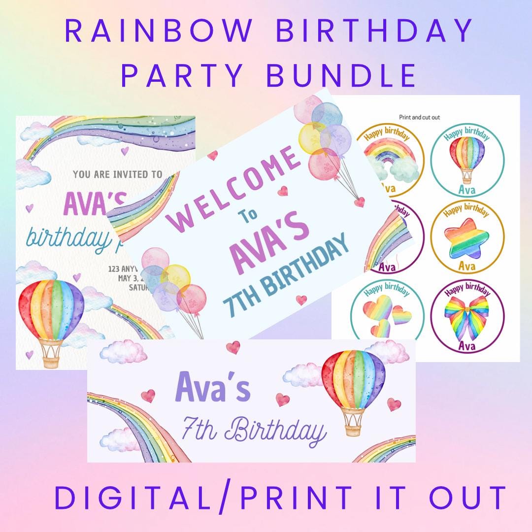Rainbow Birthday Party Bundle | Printable Kit With Invitation, Cupcake ...