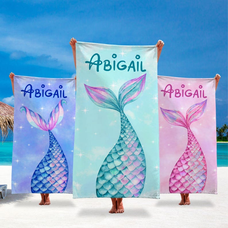 Mermaid Tail Custom Name Kids Beach Towel, Personalized Mermaid Party ...