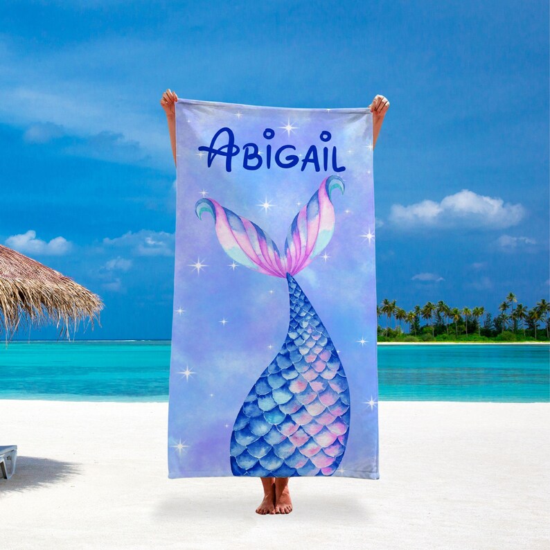 Mermaid Tail Custom Name Kids Beach Towel, Personalized Mermaid Party ...
