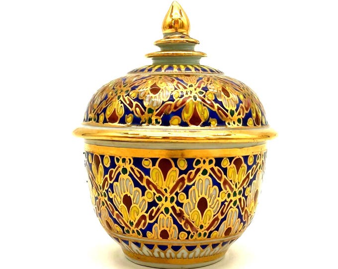 Vintage Hand-painted Thai Lidded Jar – Blue Gold Enamel – Decorative ...