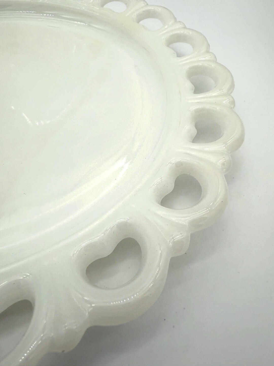 Set of 2 Milk Glass Platters – 13" Heart Loop Lace Edge Pressed Glass ...