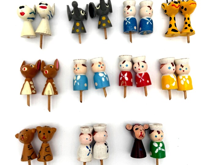 Japanese Wooden Cake Toppers – 22 Hand-painted Animal & Doll Picks ...