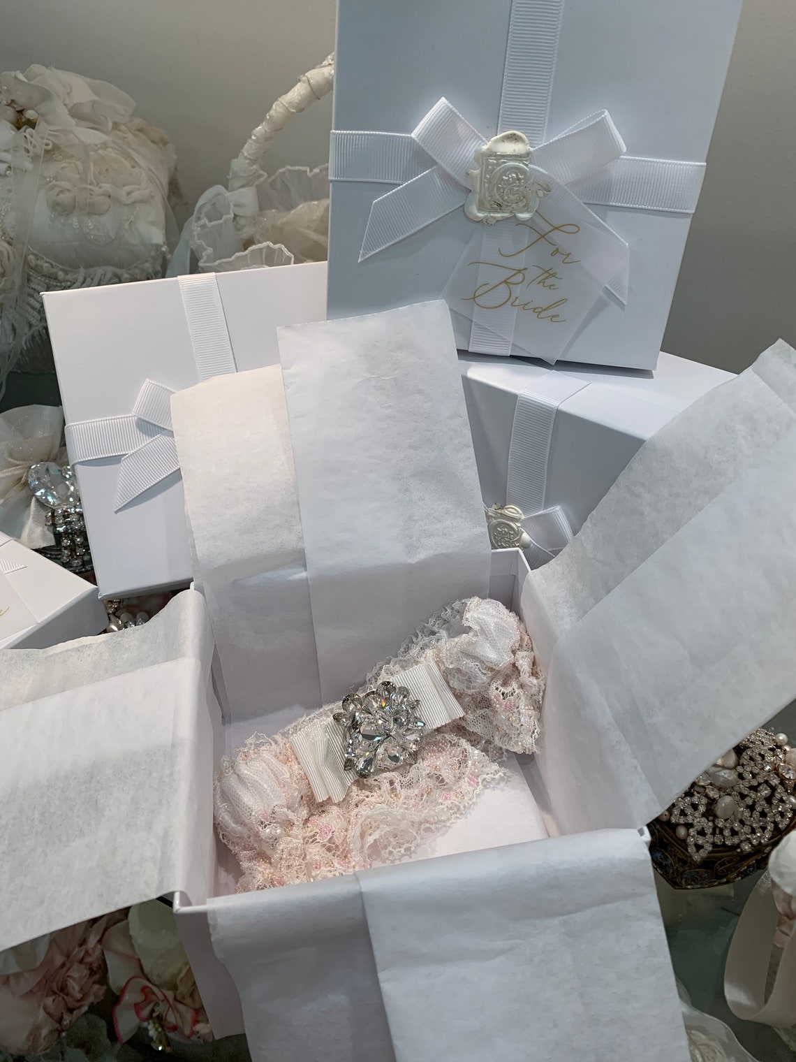 Clemence Pink Beaded French Lace Wedding Garter With Couture Creative ...