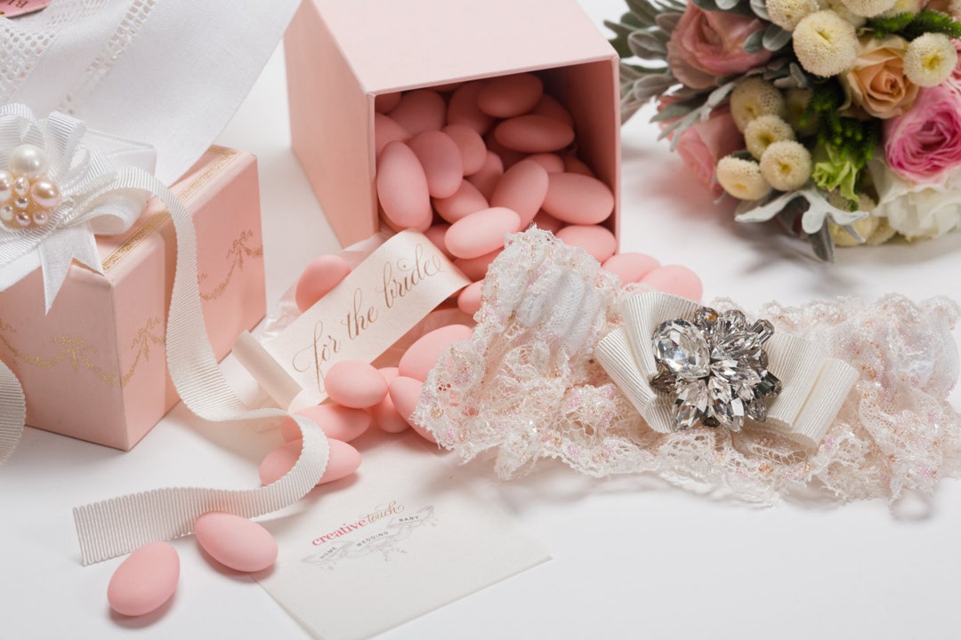 Clemence Pink Beaded French Lace Wedding Garter With Couture Creative ...