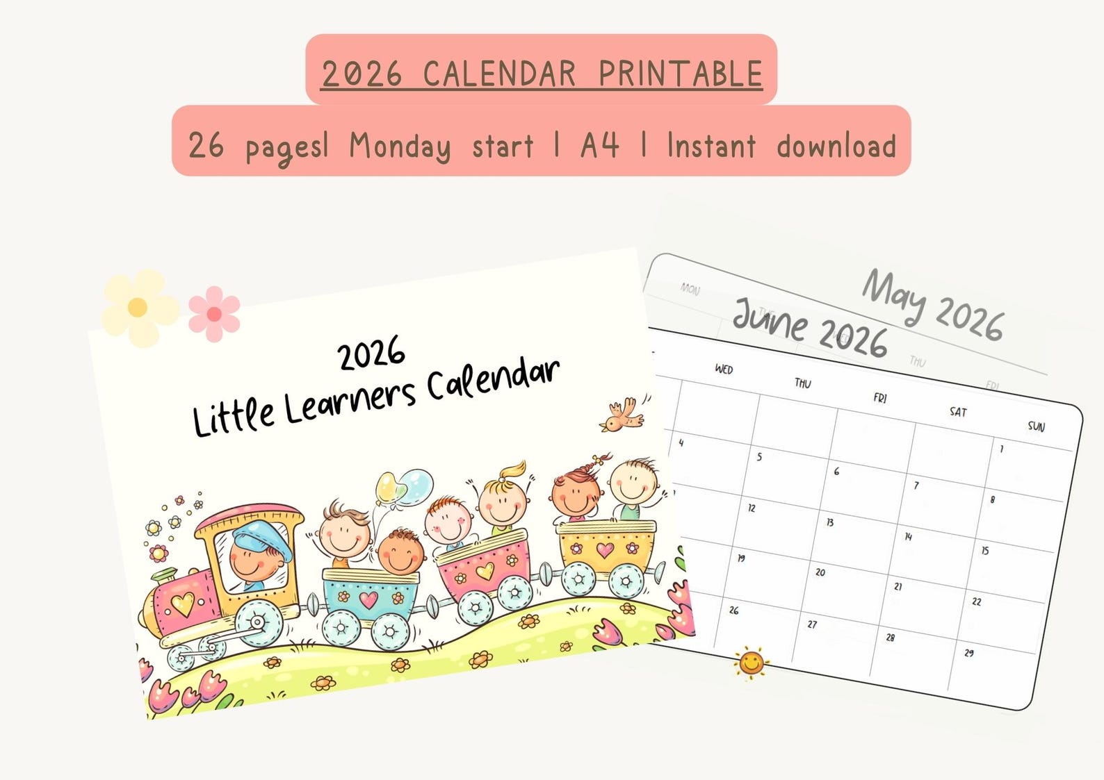 2026 Calendar for Printable Download, Kids Monthly Calendar, Gift for ...