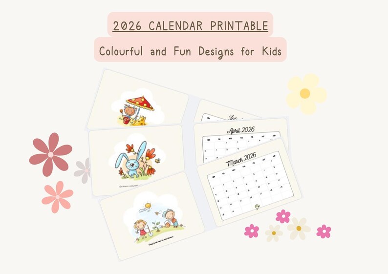2026 Calendar for Printable Download, Kids Monthly Calendar, Gift for ...