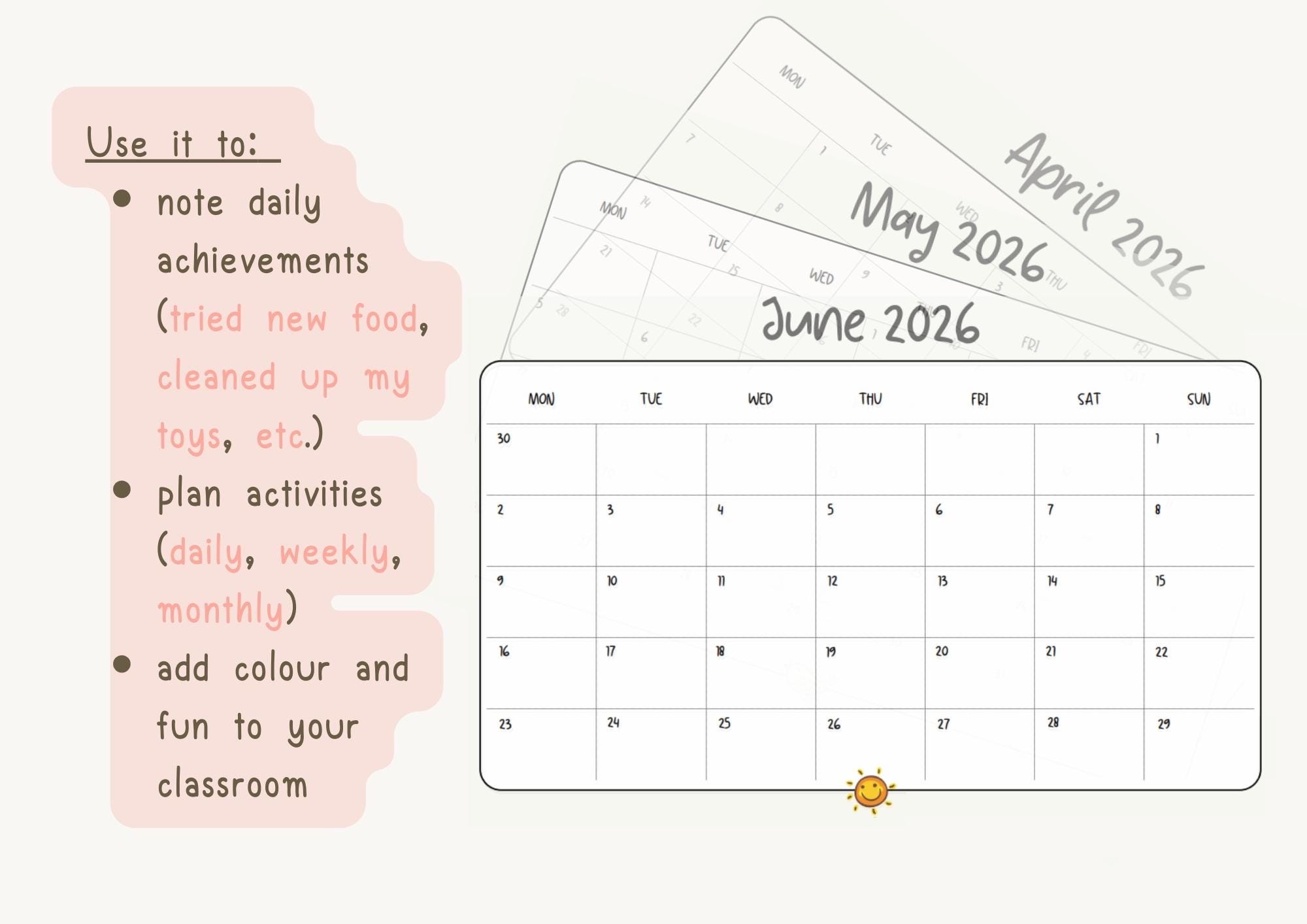 2026 Calendar for Printable Download, Kids Monthly Calendar, Gift for ...