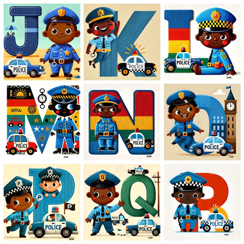 Curly-haired Police Officer Alphabet Print – A to Z Educational Wall ...