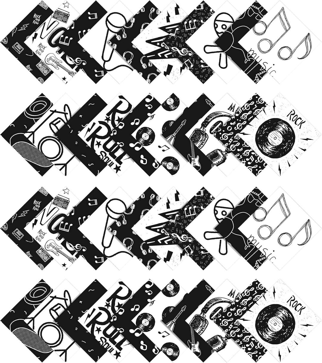Rock Music Print Cotton Fabric Squares – Black & White Patchwork, 5x5 ...