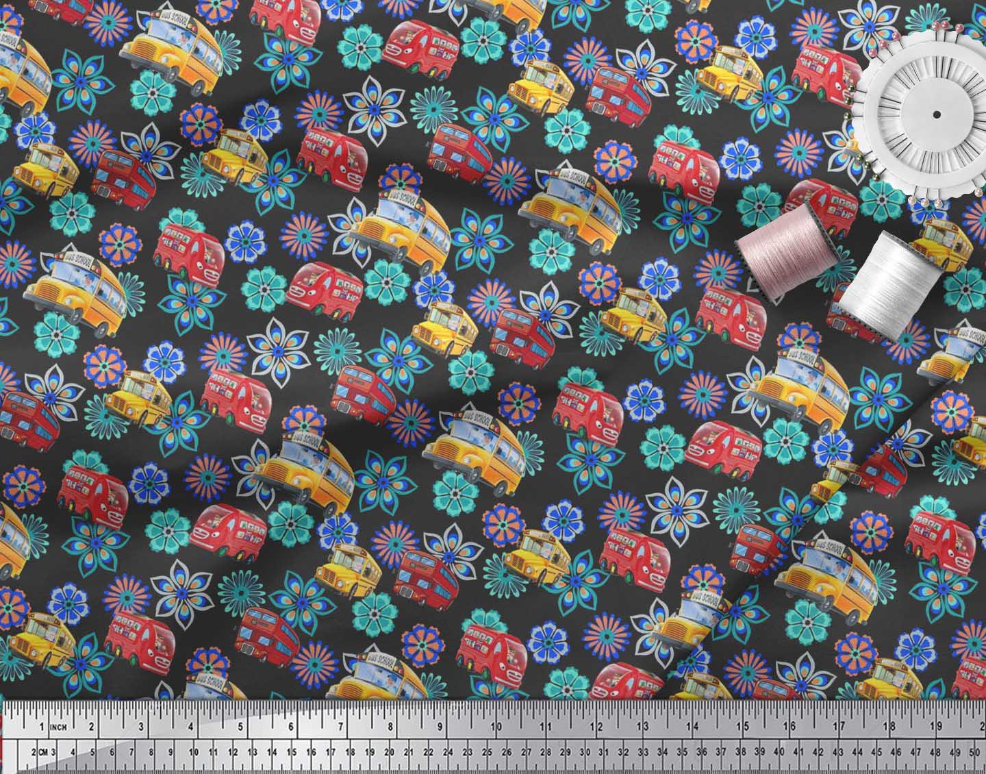 Floral School Bus Print Cotton Fabric - Quilting Material by the Yard ...