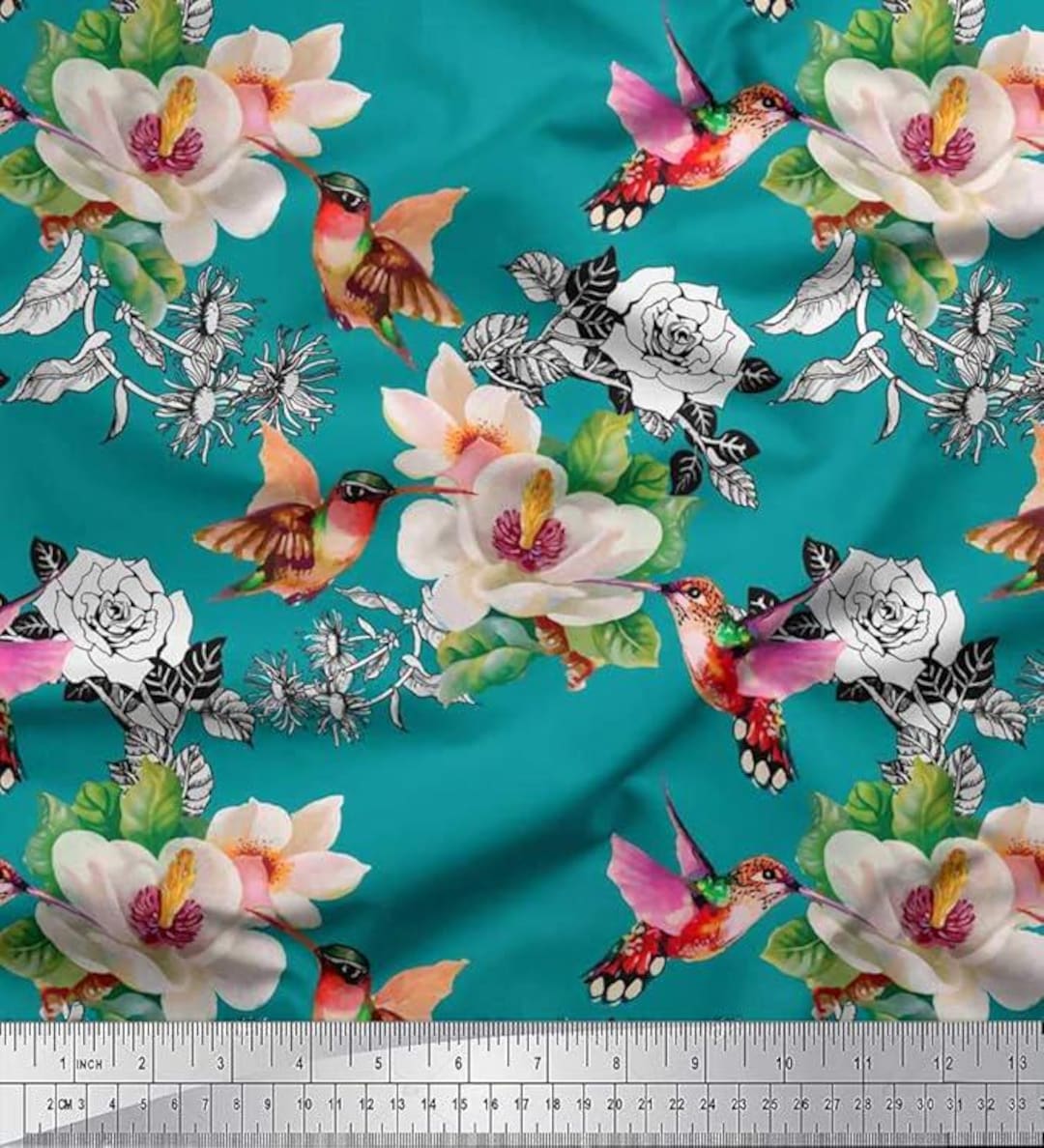 Floral Hummingbird Cotton Fabric, Green Botanical Print by the Yard - Etsy