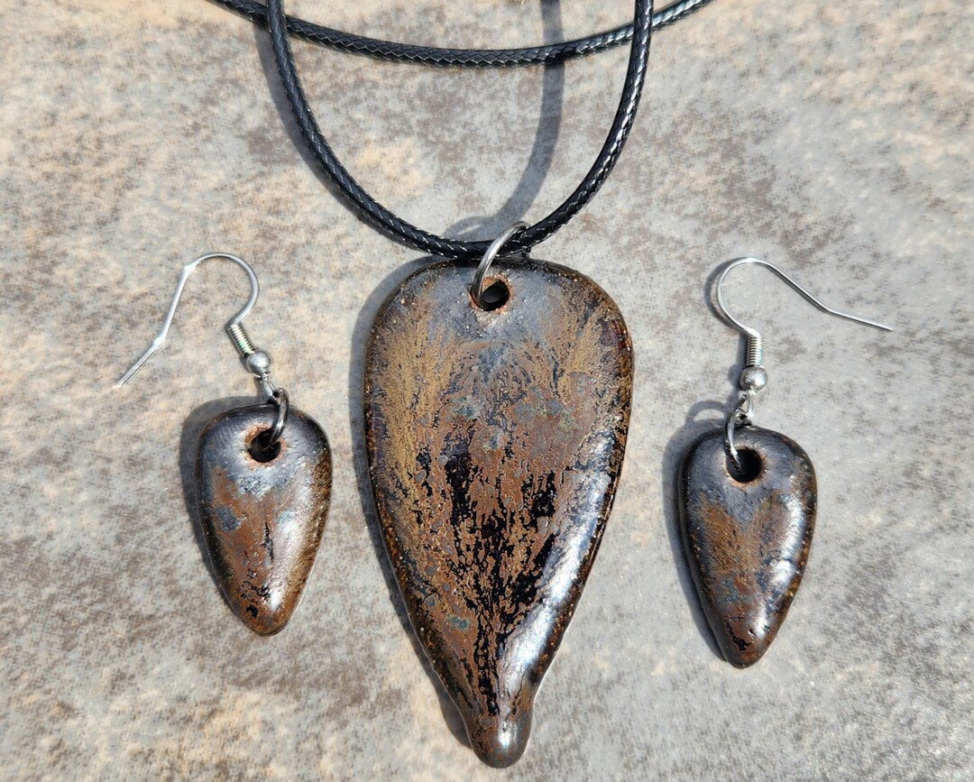 Unique Blue Glazed Pottery Jewelry Set - Earrings and Pendant Necklace ...
