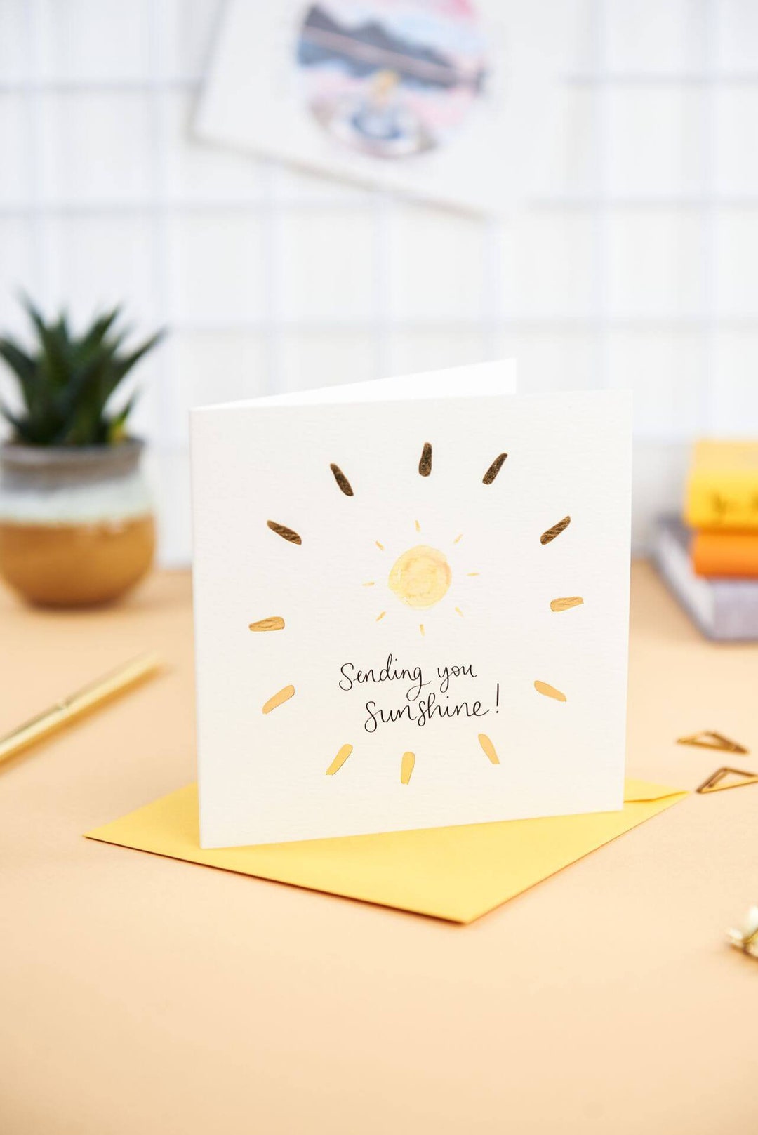 Sending Sunshine Card: Gold Foil, Watercolour Thinking of You Card - Etsy