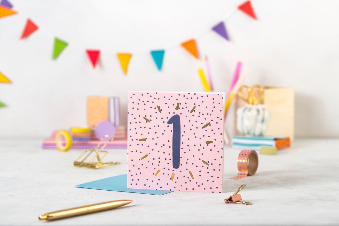First Birthday Card: Pink & Navy Number 1 With Gold Foil - Etsy