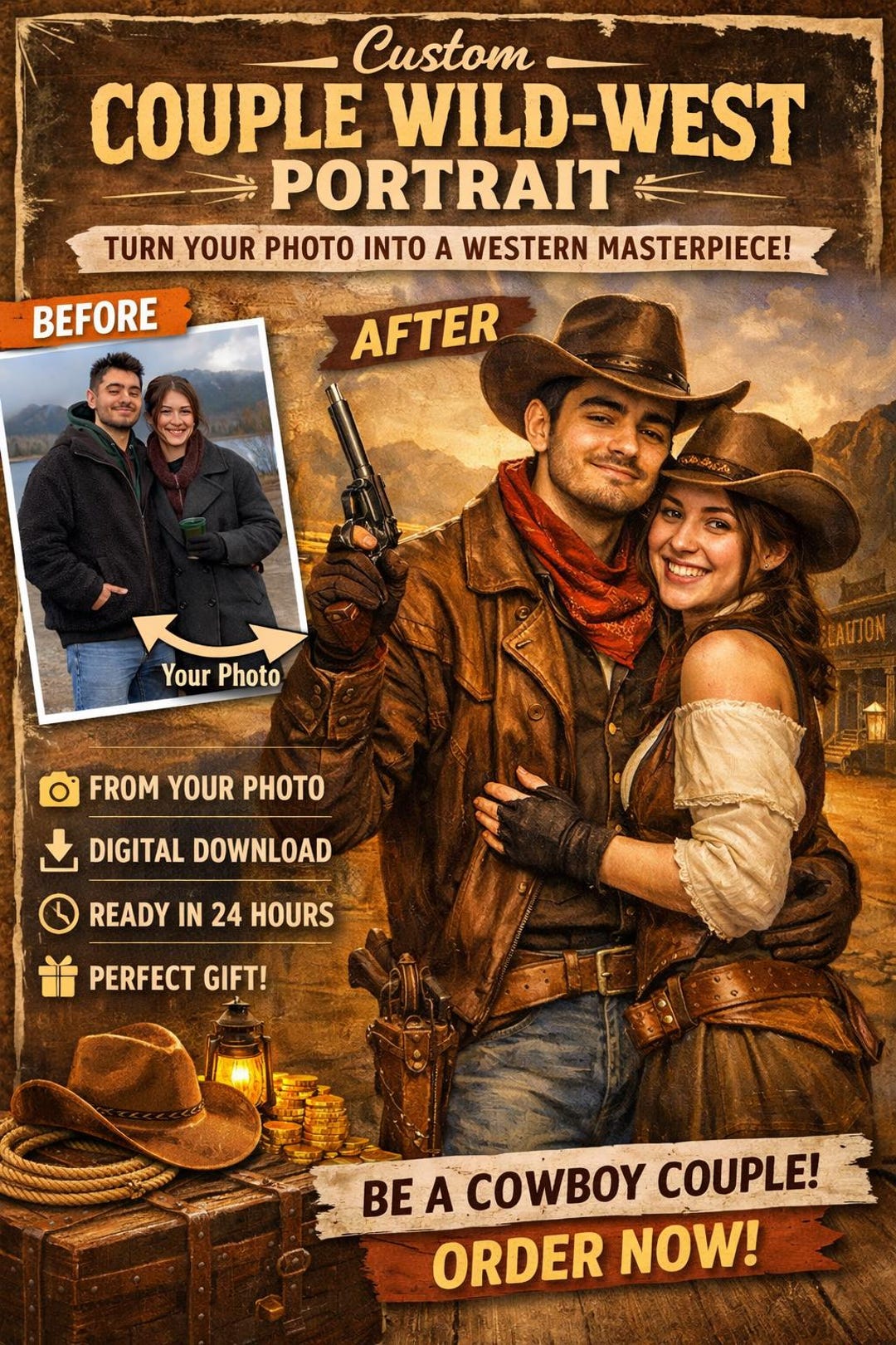 Custom Couple Wild-west Covboy Portrait, Personalized Digital Artwork ...