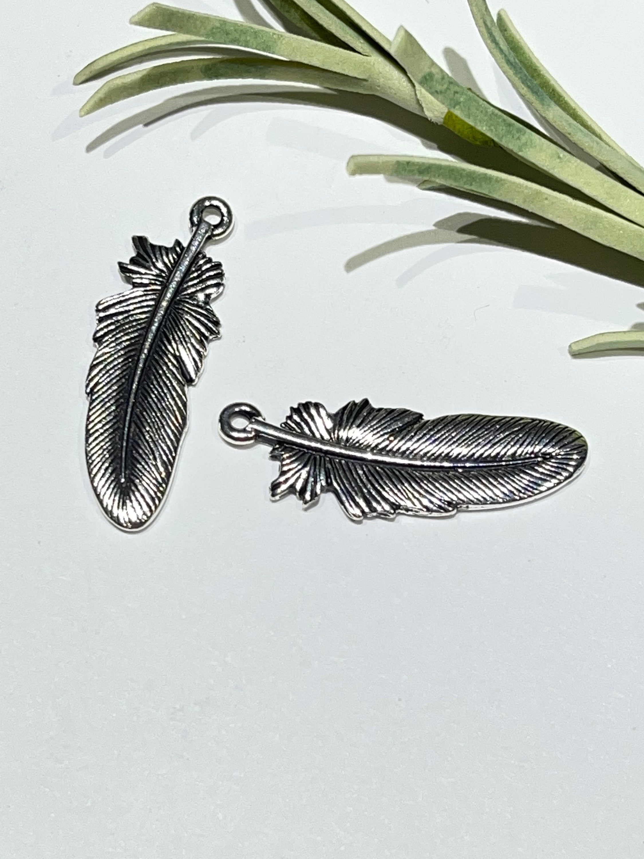 2 Pieces 29x10mm Feather Charm-Antique Silver Tierra | Etsy