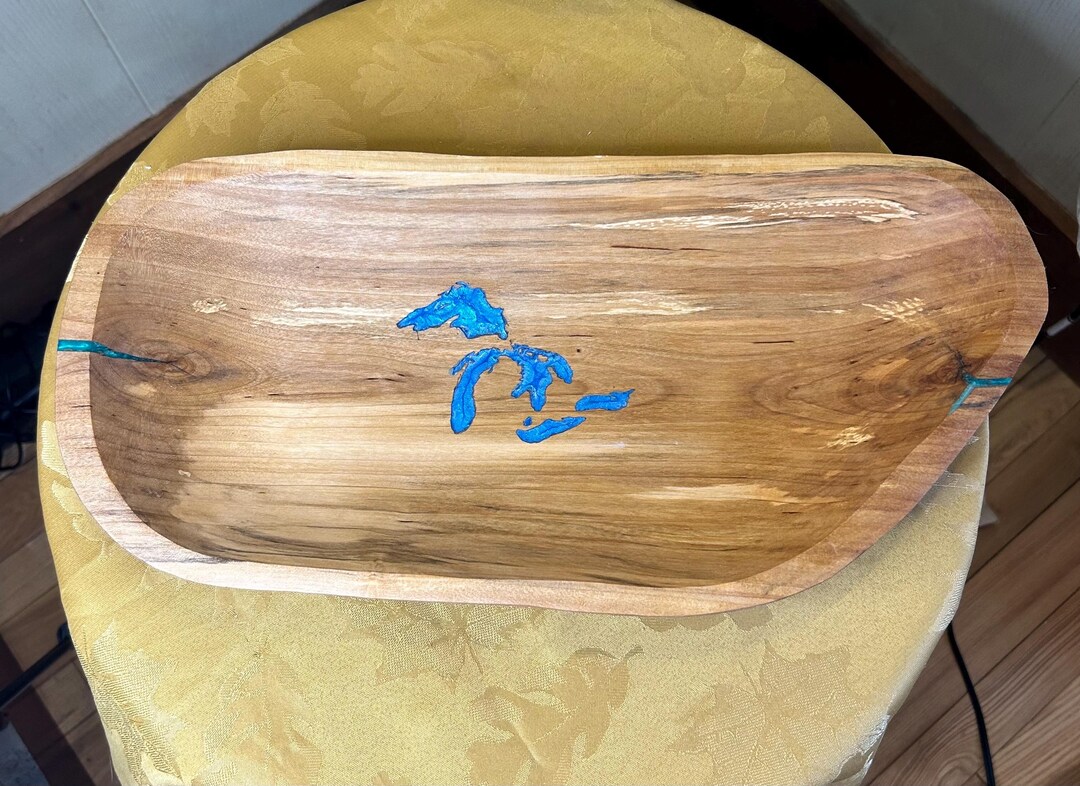 Hand Carved White Burch Wooden Bowl With the Great Lakes Blue, Green ...