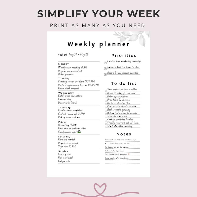 Weekly Planner Printable Minimalist Planner for Moms Undated Weekly ...