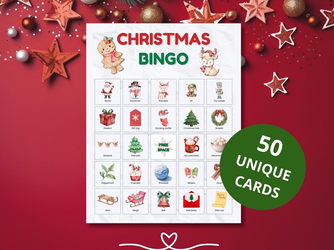 Christmas Bingo for Kids, Printable Holiday Bingo Game, 50 Unique Bingo ...