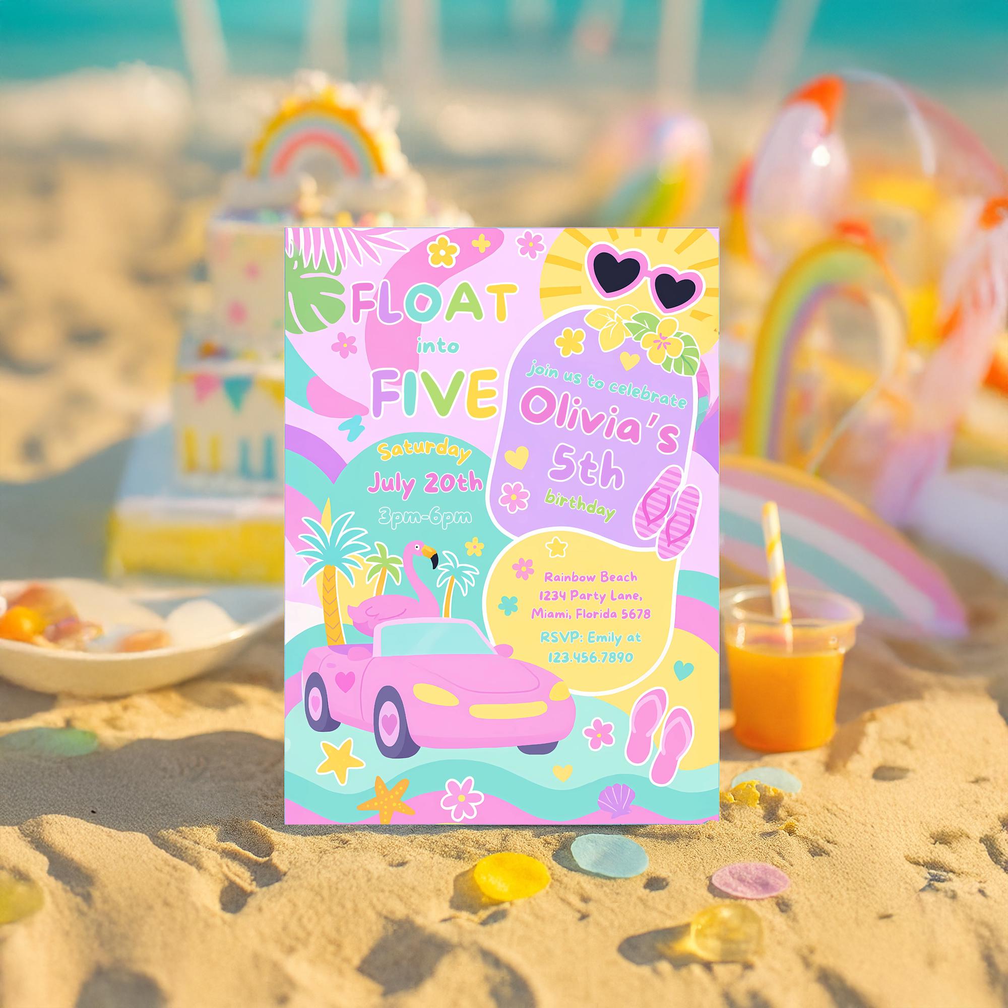 Editable Float Into Five Malibu Beach Pink Girly Pool Party Invitation ...