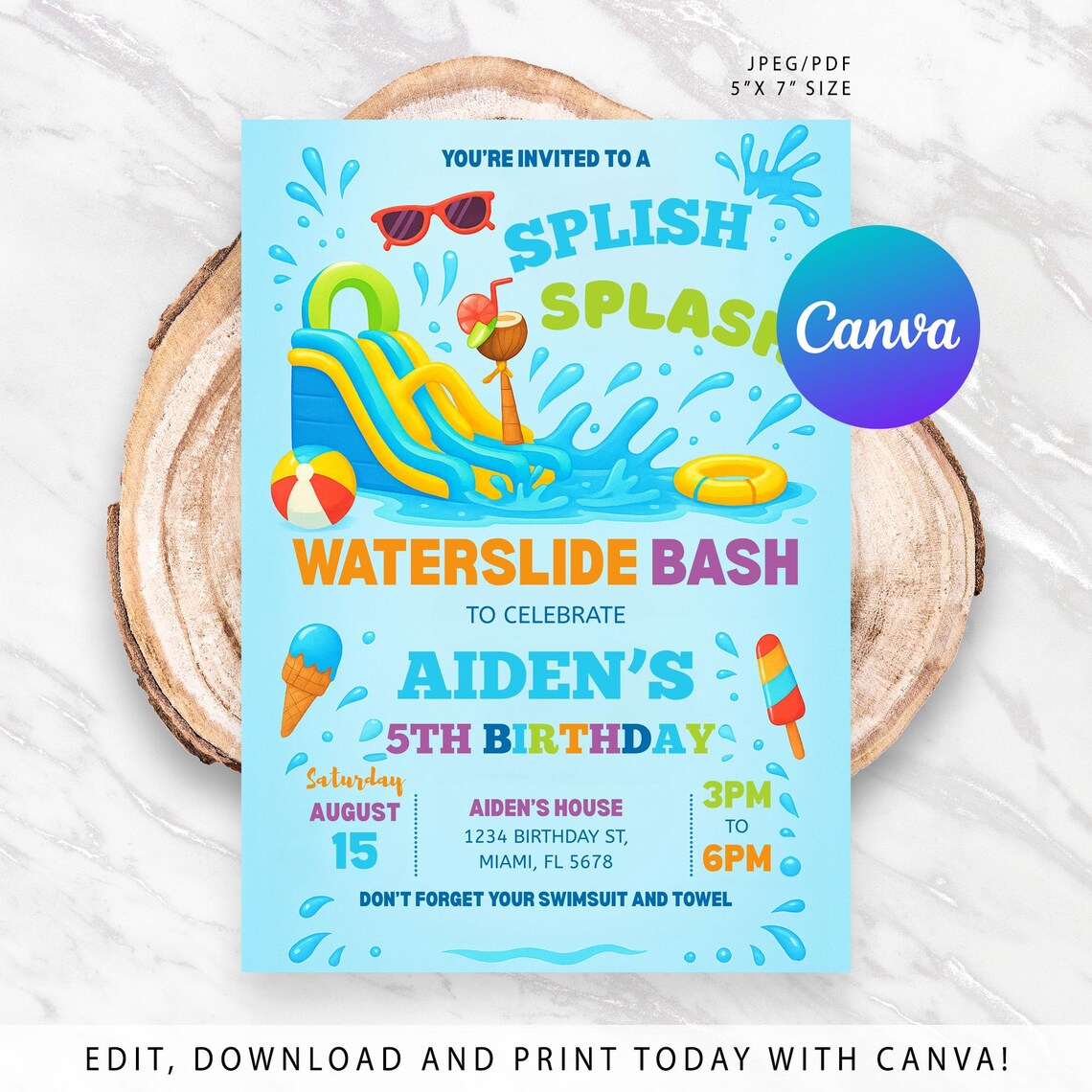 Editable Water Slide Bash Invitation, Water Slide Party Invite, Instant ...