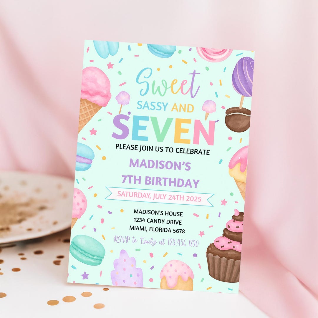 Sweet Sassy and Seven, 7th Girl Birthday Invitation, Cotton Candy ...