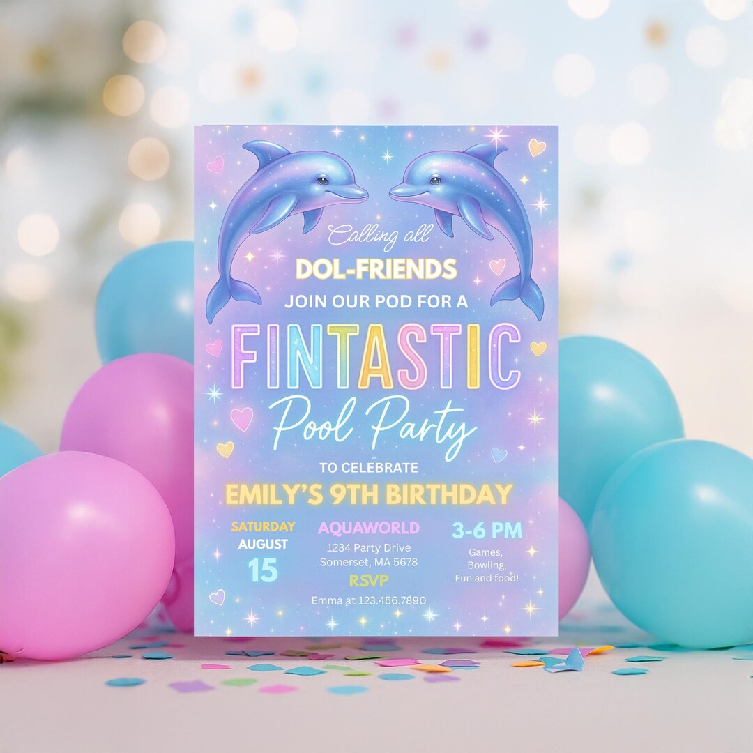 Editable Dolphin Pool Party Invitation Neon Glow Dolphin Under the Sea ...