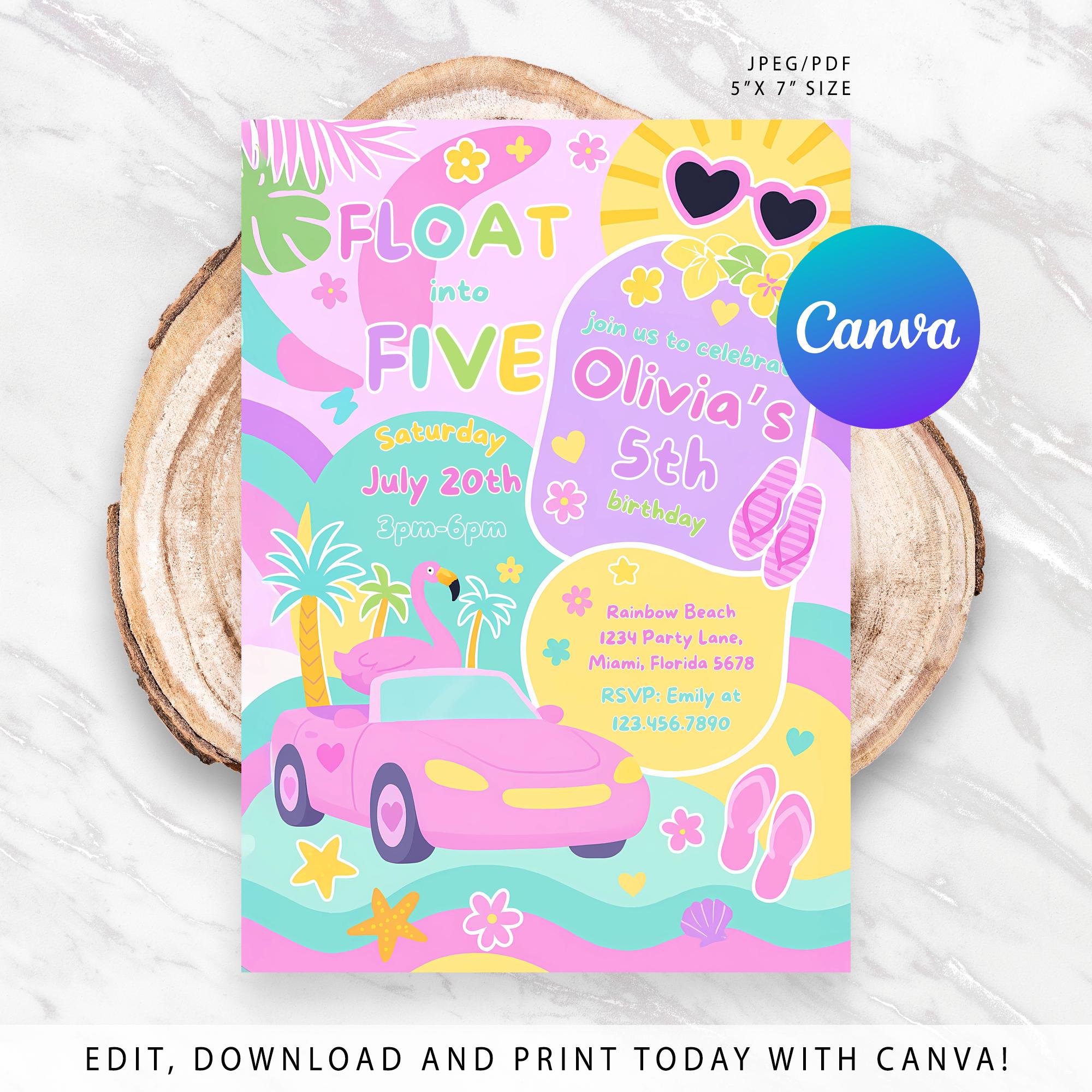 Editable Float Into Five Malibu Beach Pink Girly Pool Party Invitation ...