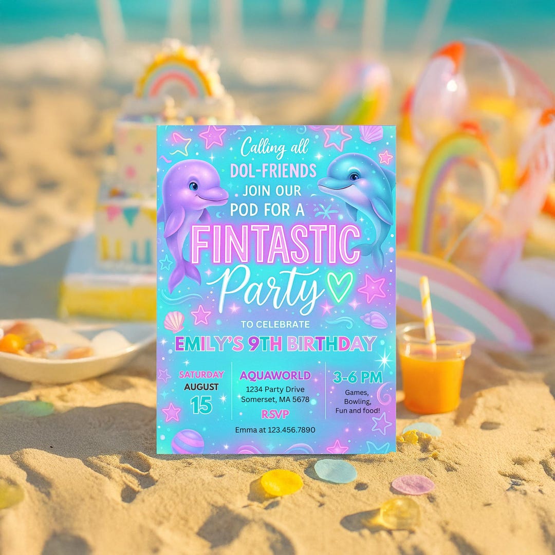 Editable Dolphin Birthday Party Invitation Tie Dye Neon Glow Dolphin ...